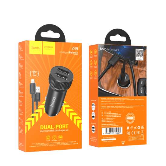 HOCO 2X USB 2.4A Car Charger with Lightning Cable - Black - Z49.L